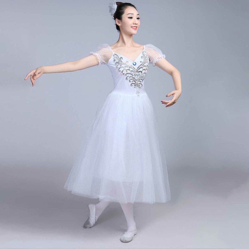 Womens Ballet Dance Mesh Tulle Long Dress Ballerina Swan Lake Princess ...