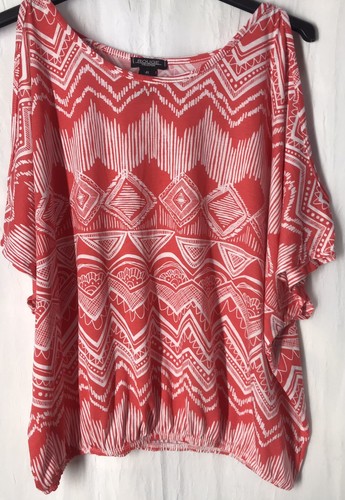 Rouge 4x Plus Woman’s Cold Shoulder Shirt Red White Print Gathered ...