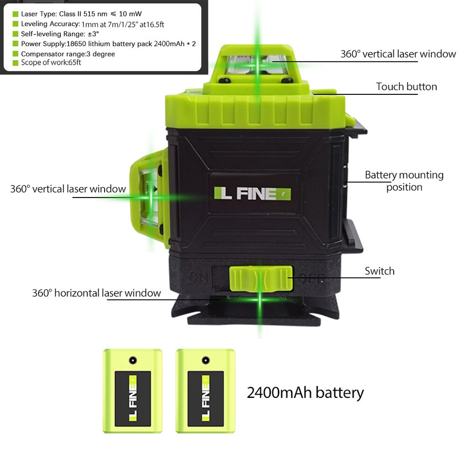 L FINE 16 Line 4D 360° Rotary Green Laser Level Self Leveling Measure ...