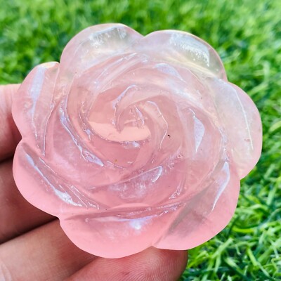 2" Natural pink rose Quartz hand Carved Crystal rose flower reiki ...