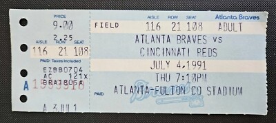 Atlanta Braves Cincinnati Reds Baseball Ticket Stub 7/4 1991 Doran and ...
