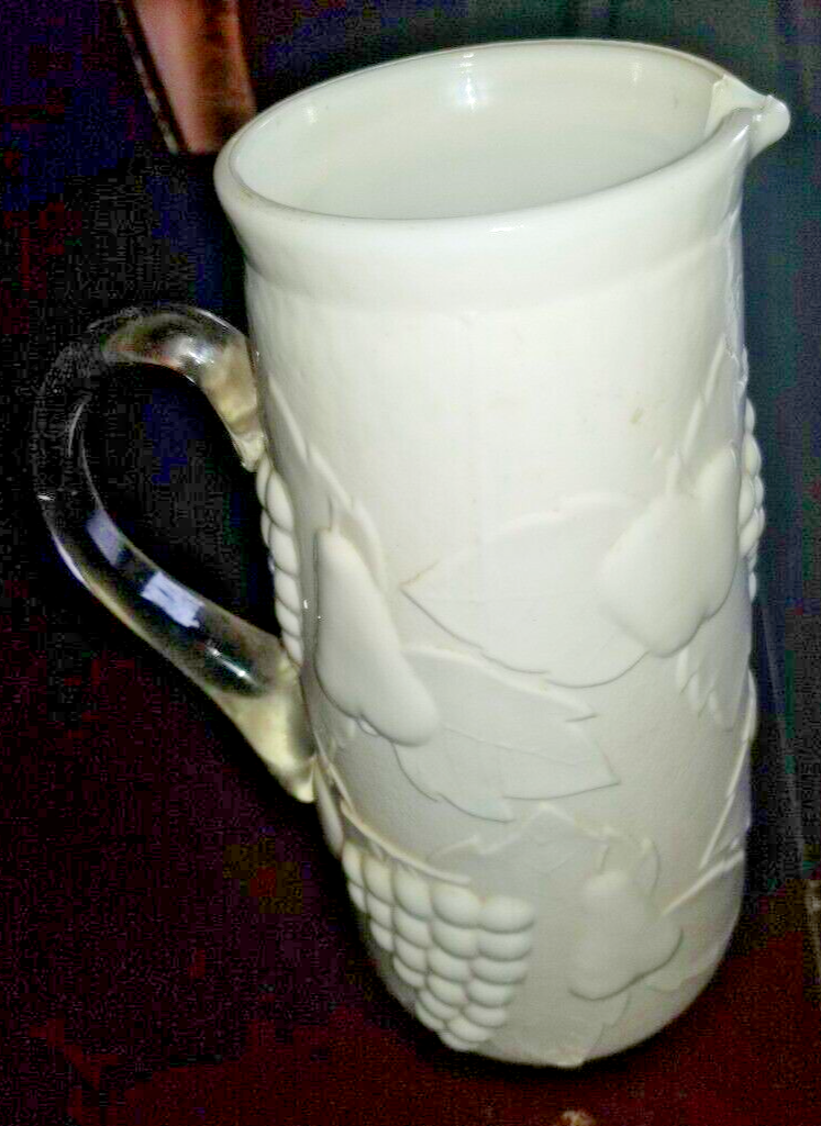 Vintage White Milk Glass Pitcher With Clear Glass Handle Grape Pattern ...