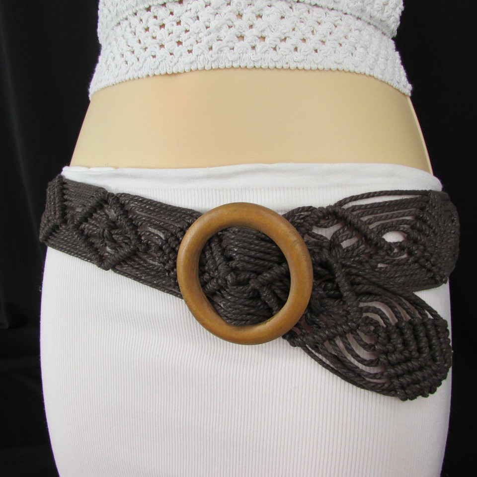 Women Beige White Brown Knited Braided Fabric Fashion Belt Round Wood ...