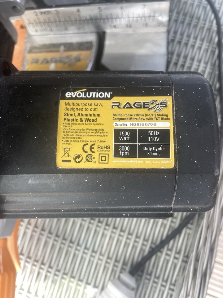 Evolution Rage 3~S Multipurpose Sliding Mitre Saw. Working but guard ...