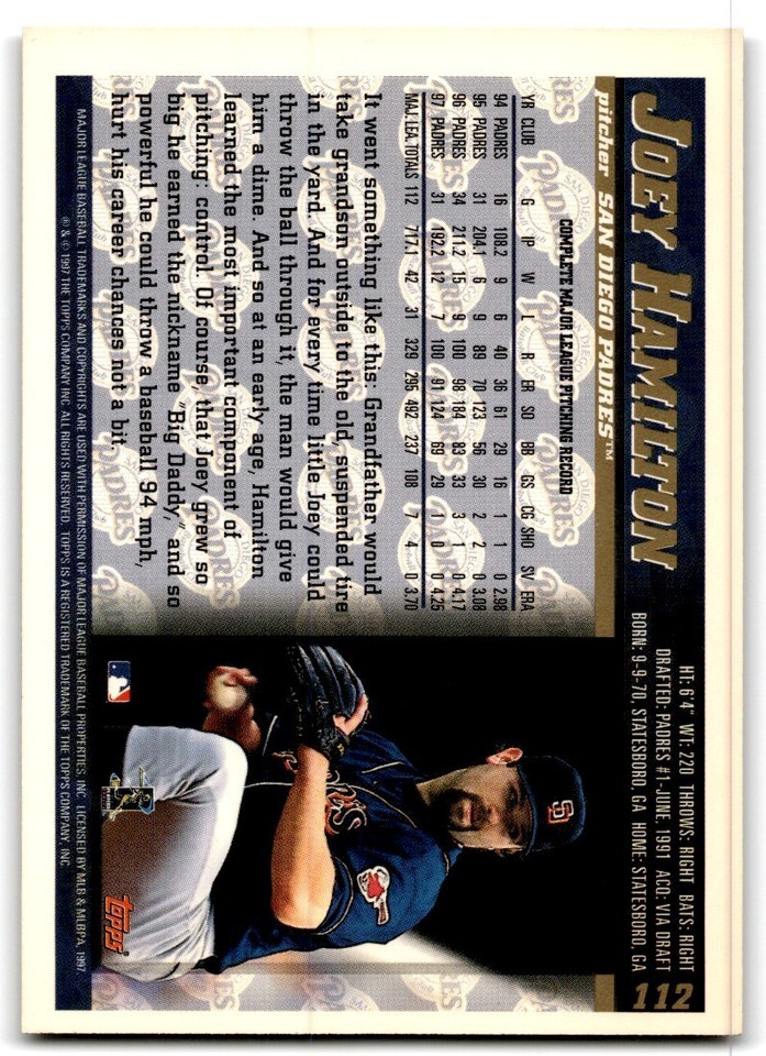 1998 Topps Baseball Card Joey Hamilton San Diego Padres #112 | eBay
