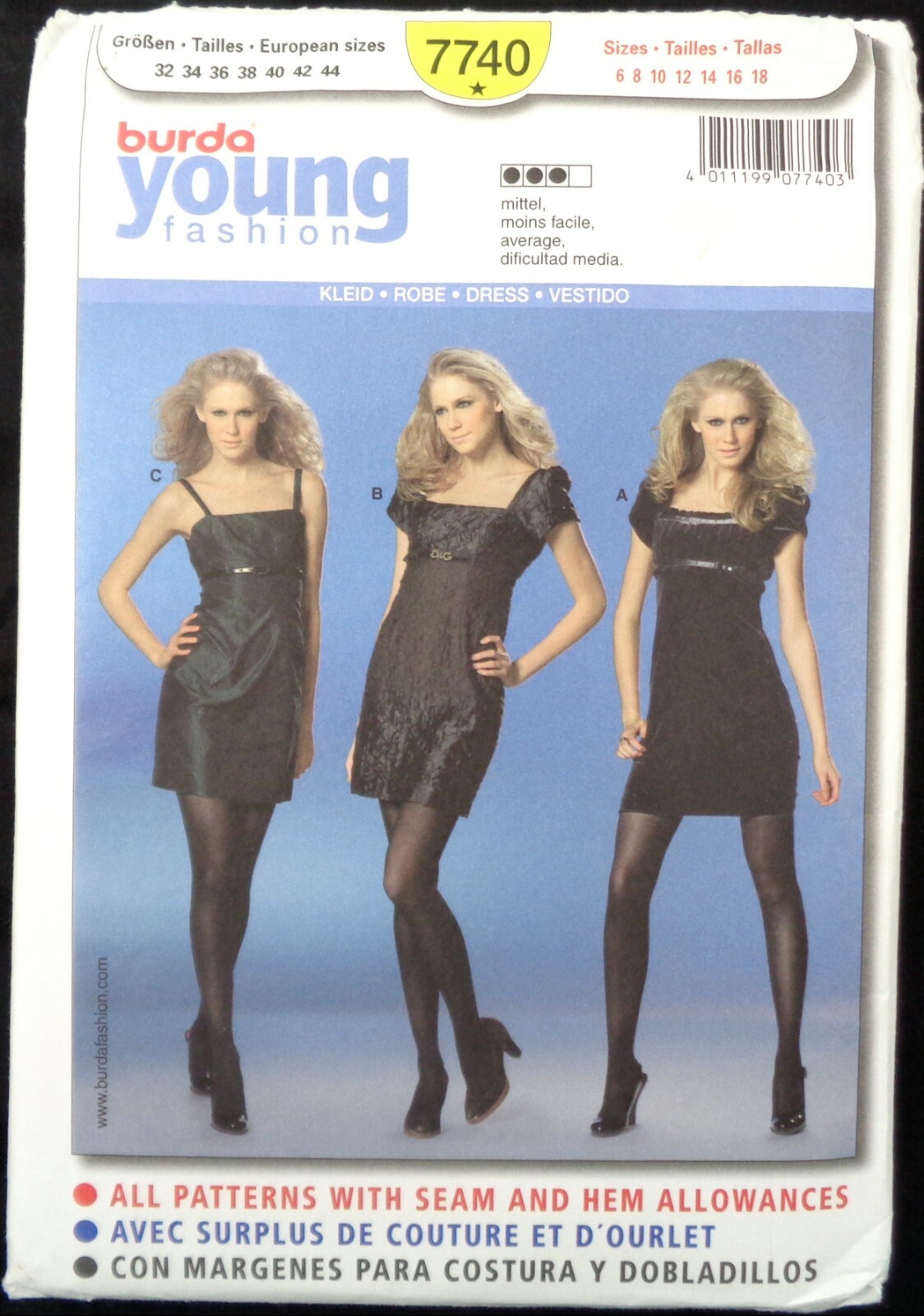 Burda pattern 7740 Young Fashion Misses' Dress 3 variations size 6-18 ...
