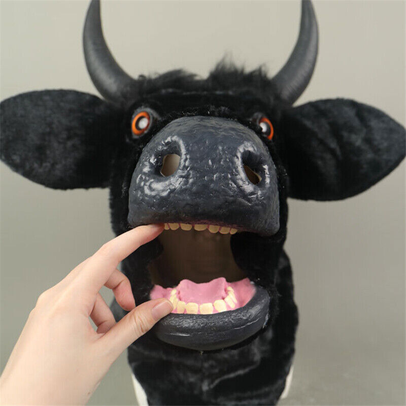 Movable Mouth Black Cow Head Helmet Halloween Cosplay Mask Latex Full ...