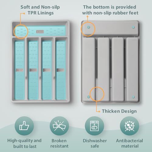 Silverware Organizer with Icons，Plastic Cutlery Grey+Mint Color-Small ...