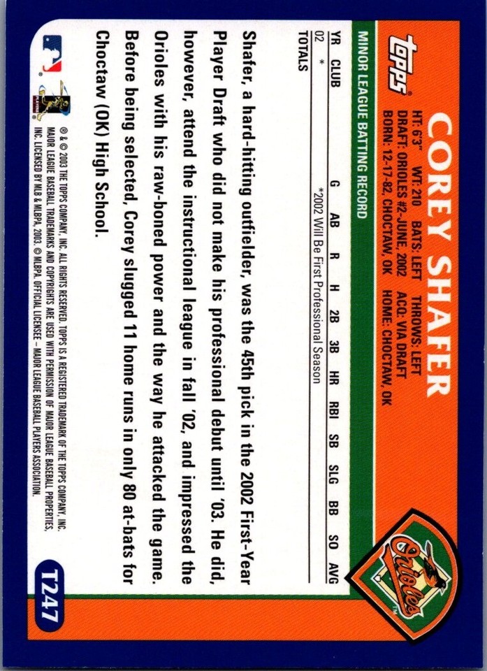 2003 Topps Traded #T247 Corey Shafer FY RC Baltimore Orioles | eBay