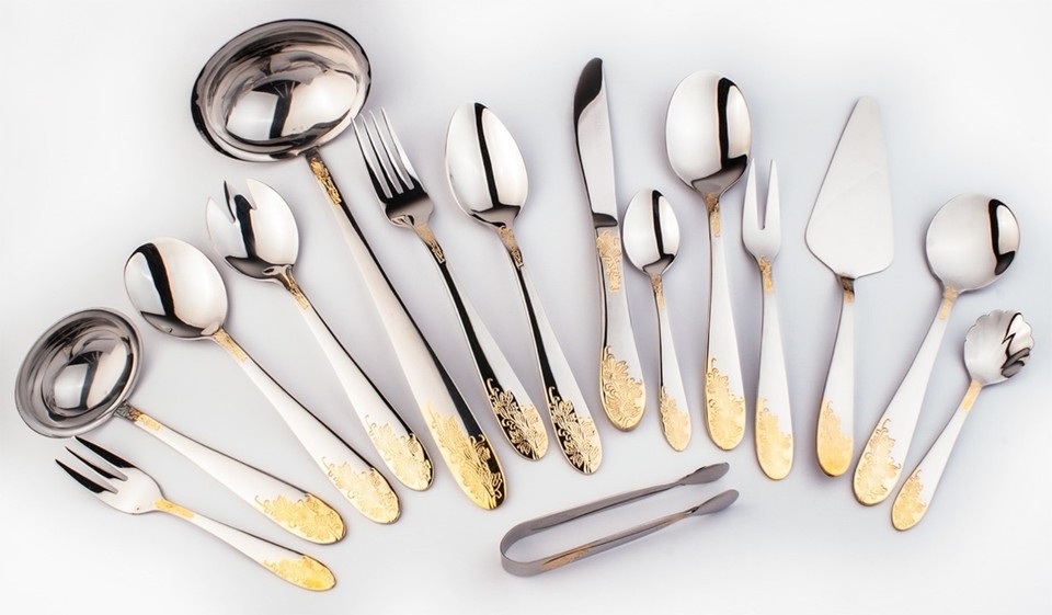 ZILLINGER LEAF DESIGN HEAVY 72 PIECE GOLD CUTLERY SET STAINLESS STEEL ...