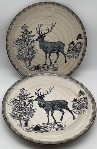 Elama Stoneware Deer Elk Woodland Dinner Plates Forest Nature Wildlife ...