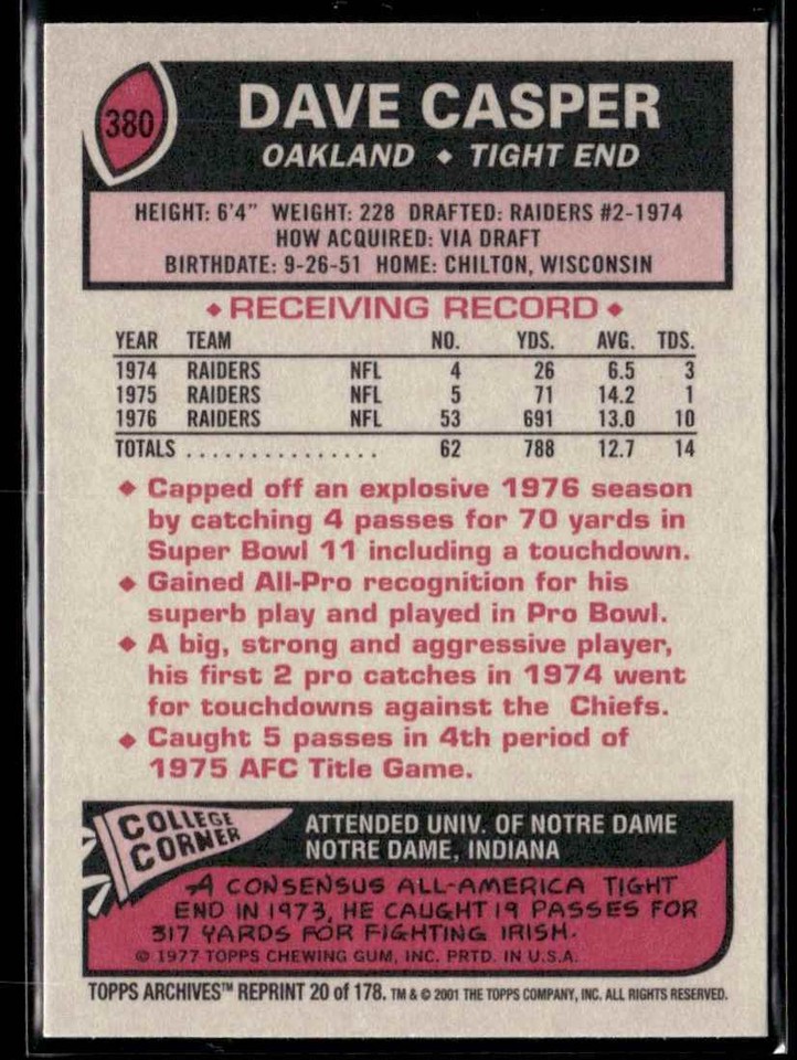 2001 Topps Archives 1977 Dave Casper Oakland Raiders | eBay