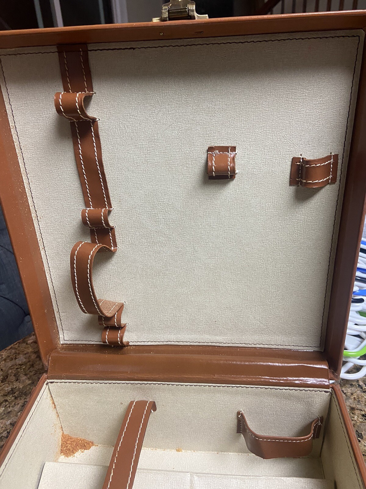 Vintage Brown Leather Locking Liquor Bottle Travel Bar Kit Box WORN ...