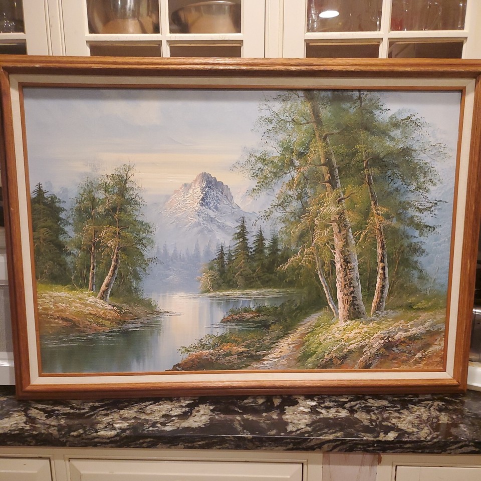 G.WHITMAN HUGE SNOW MOUNTAIN RIVER LANDSCAPE ORIGINAL OIL ON CANVAS ...