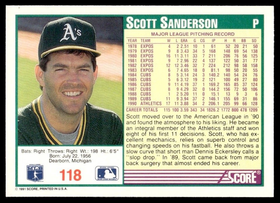 1991 Score Baseball Card Scott Sanderson Oakland Athletics #118 | eBay
