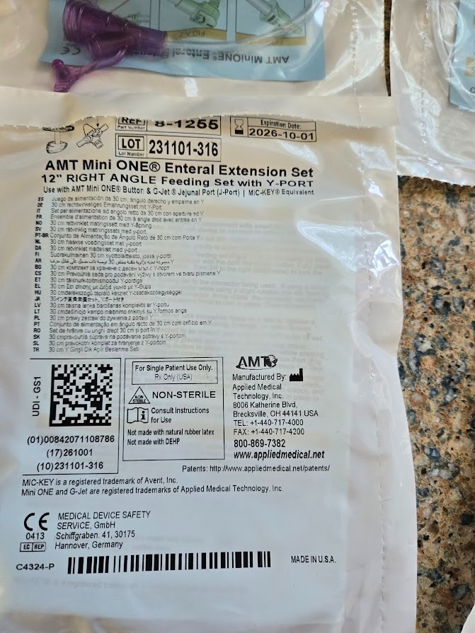 AMT MiniOne 12" Y-Port Enteral Extension Set RIGHT ANGLE Qty 6 | eBay