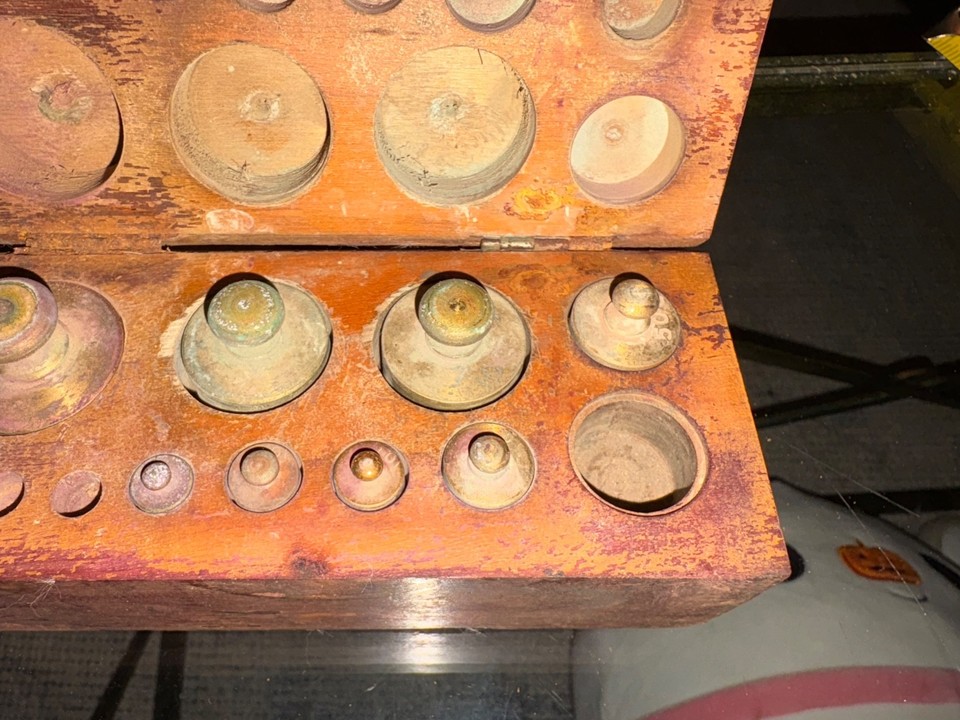 Antique Set Of 8 Graduated Brass Scale Calibration Weight In Wood Block ...