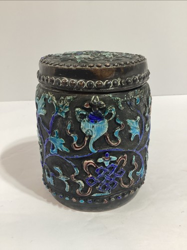 CHINESE 19TH CENTURY SILVER ON COPPER ENAMEL OPIUM CANISTER BOX 3 1/2 ...