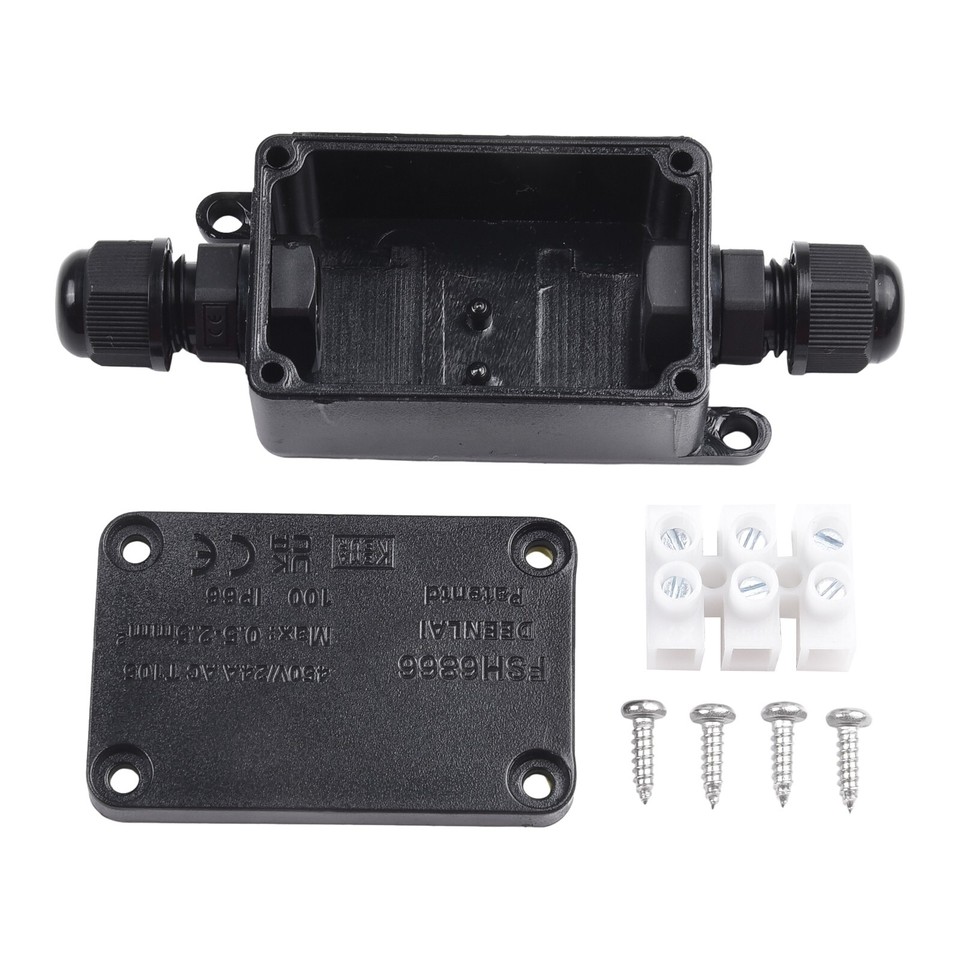 IP66 Waterproof Junction Box for Outdoor Cable Connection 2 Ports Black ...