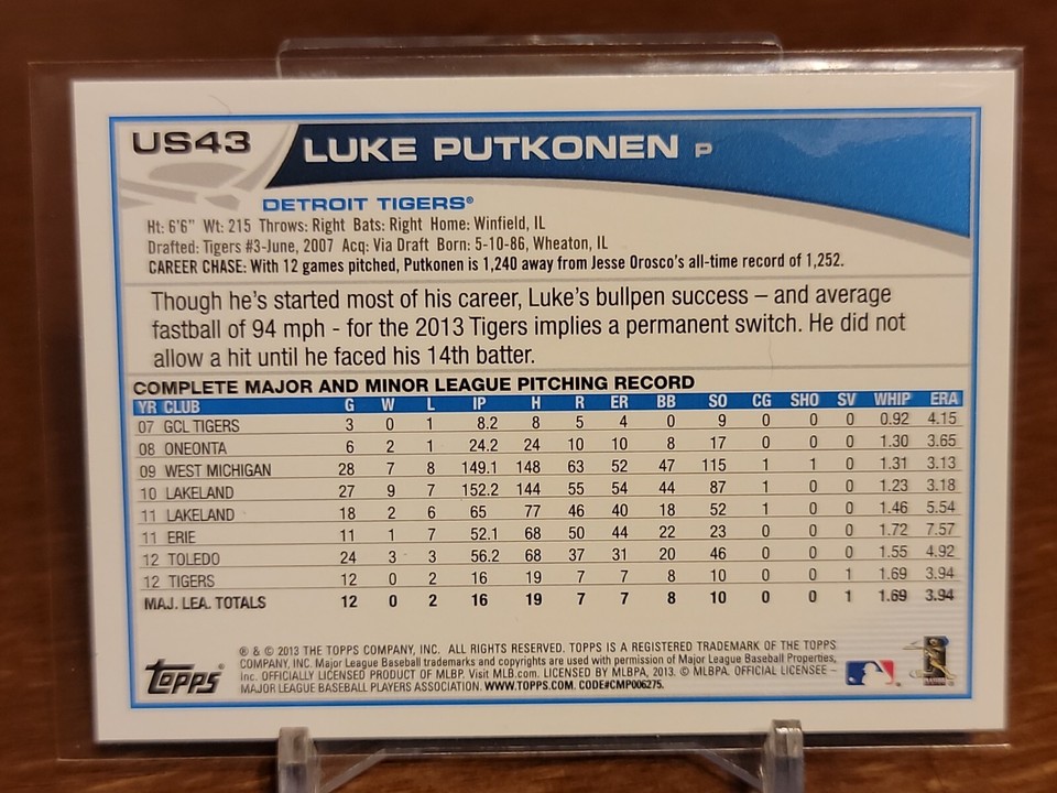 2013 Topps Update WALMART BLUE #US43 Luke Putkonen DETROIT TIGERS RC 10 ...