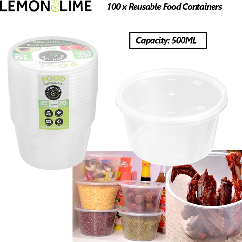 100x Round Food Containers with Lid 500ML Takeaway Reusable Meal Prep ...