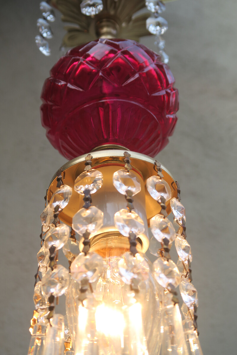 Vintage ruby cut glass Brass hanging SWAG plugin lamp chandelier ...