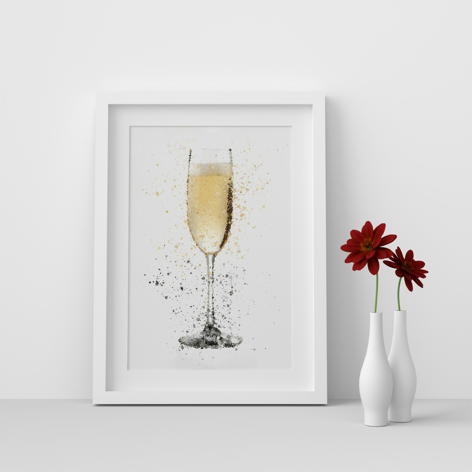 Champagne/Prosecco Flute Glass Watercolour Splash A3, A4 and 4x6 Wall ...