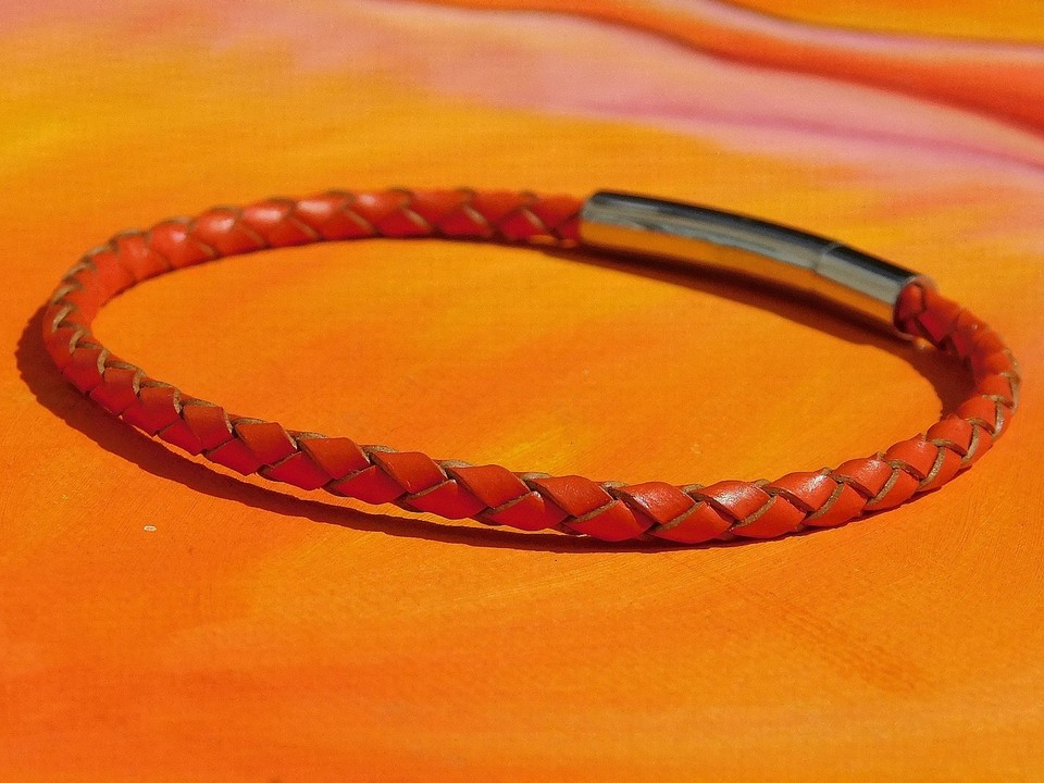 Ladies 3mm Orange braided leather & stainless steel bracelet by Lyme ...