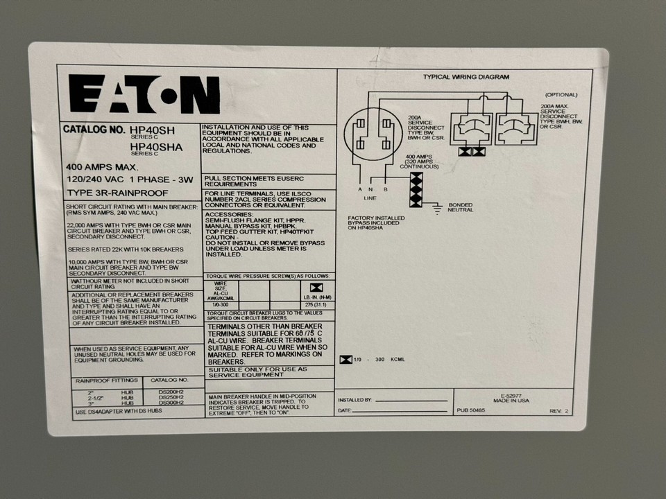 NEW EATON HP40SHA HOUSE METER PANEL 400-AMP 120/240V NEMA 3R W/ CIRCUIT ...