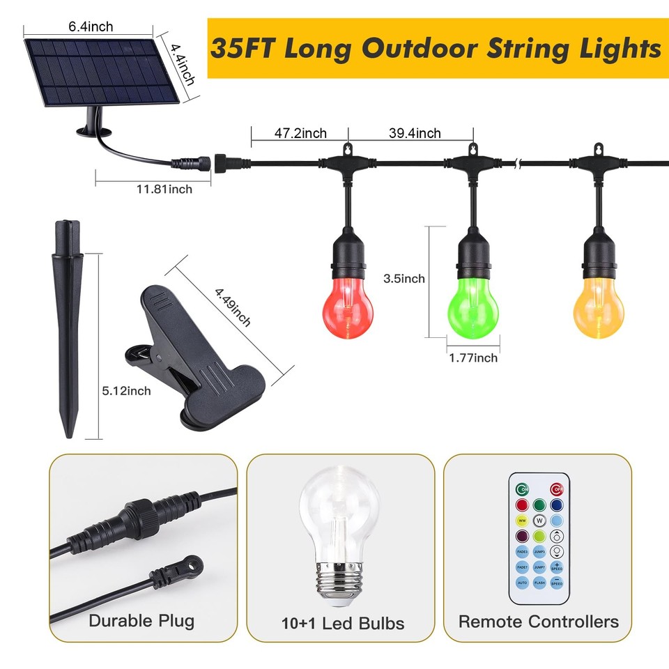 35FT Solar String Lights Outdoor, 11 Shatterproof LED Edison Bulbs ...
