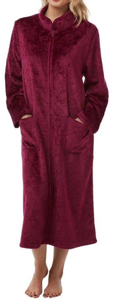 LADIES EMBOSSED FLEECE FEEL BUTTON ZIP THROUGH DRESSING GOWN ROBE UK ...