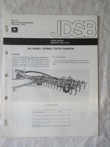 1974 John Deere 740 Wheel Spring Tooth Harrow Service Bulletin Brochure ...