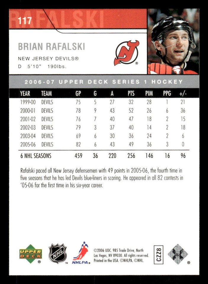 Brian Rafalski 2006 Upper Deck New Jersey Devils | eBay