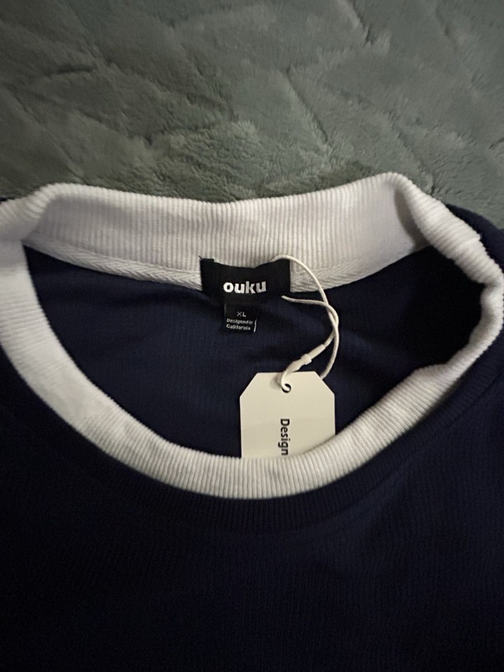 Ouku Waffle Knit Crew Neck Sweater Men’s XL Navy Blue/white | eBay