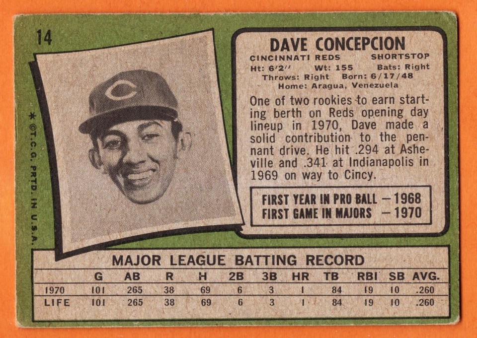 1971 Topps #14 Dave Concepcion VG-VGEX WRINKLE Cincinnati Reds ROOKIE ...