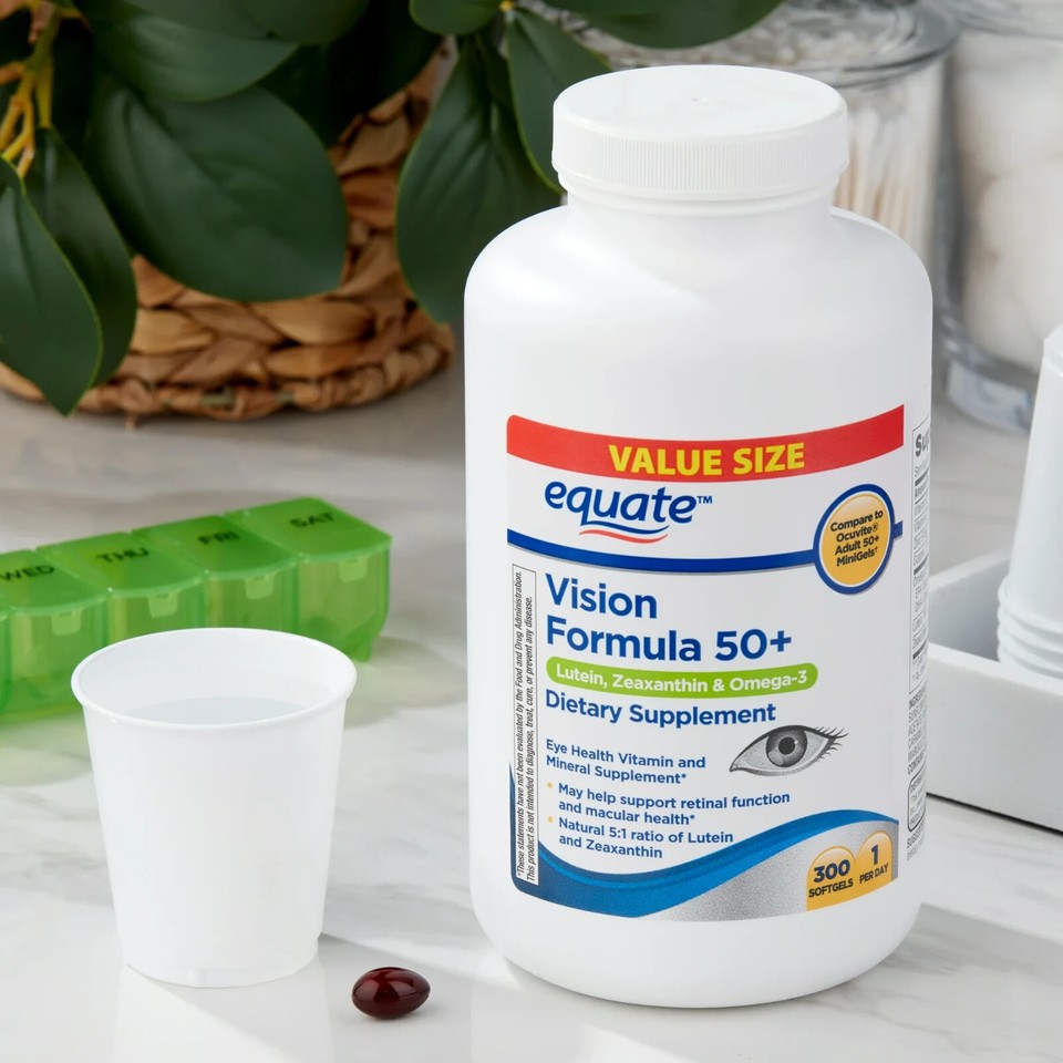 Equate Vision Formula 50+ (300 Soft Gels) Dietary Supplement omega 3 ...