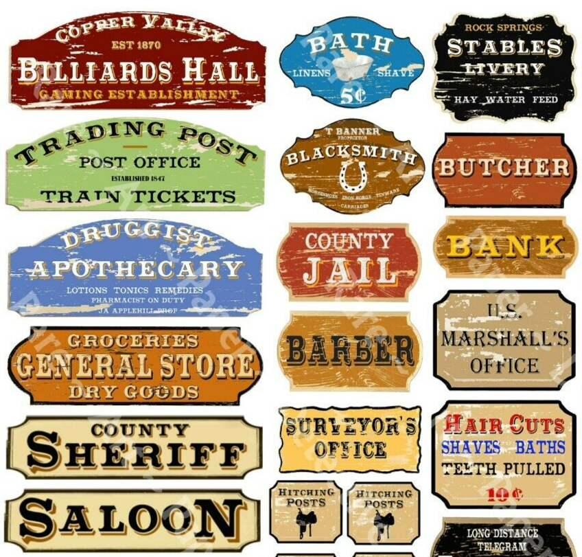 Old West Frontier Town Signs, 68 Multi-Scale Railroad Signs, 2 STICKER ...