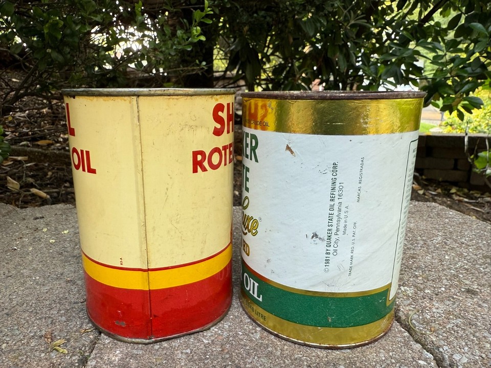 Vintage Shell Rotella and Quaker State DeLuxe Motor Oil Cans.....Full ...