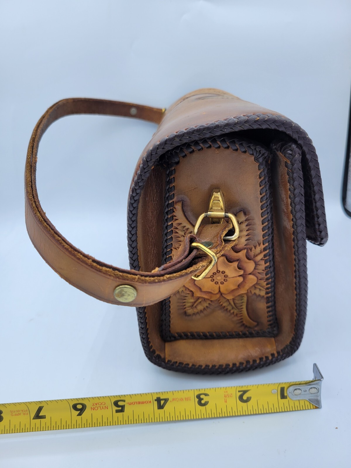 1970 Leather Hand Tooled Floral Pattern Brown Large H… - Gem