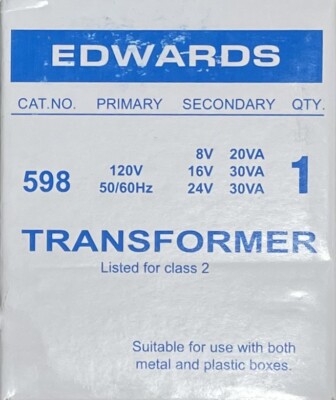 Edwards Class 2 Signaling Transformer 598 120V 50/60Hz (8V 16V 24V 20VA ...