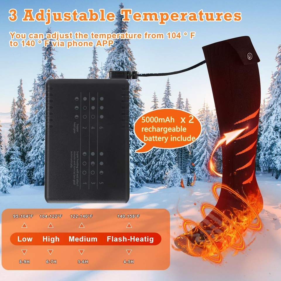 5000mAh Electric Heated Socks Rechargeable Battery Foot Winter Warm ...