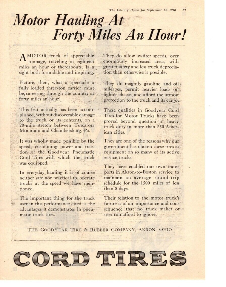 1918 GOODYEAR CORD TIRES 2PG PRINT AD, 3 TON MACK TRUCK, WWI ERA VTG ...
