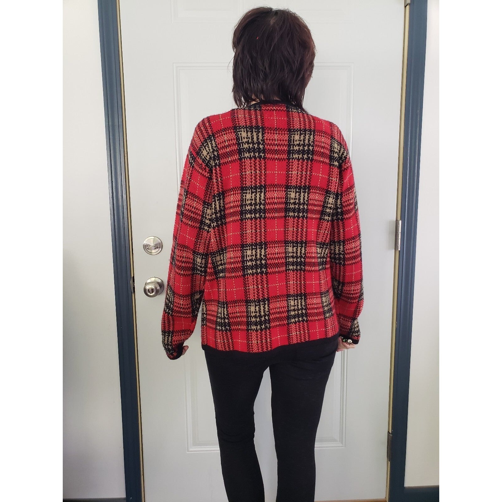 80s Red and Tan Plaid Oversize Cardigan - Gem
