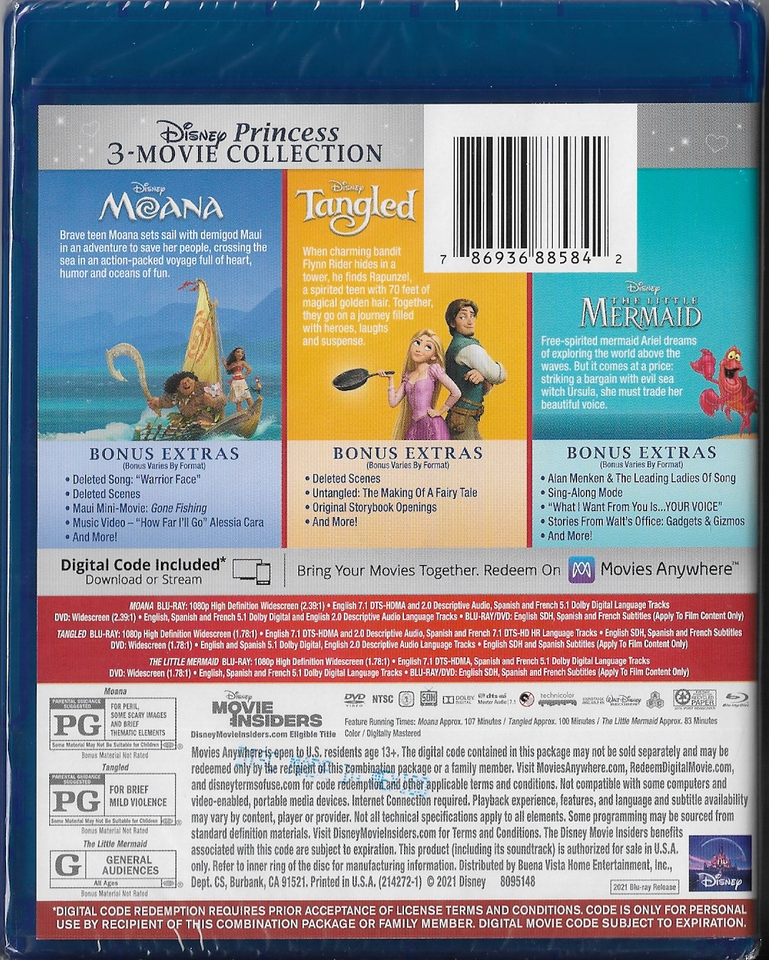 Disney Princess 3Movie Collection: Moana, Tangled, Little Mermaid Blu ...