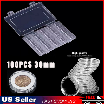30mm Clear Coin Capsule Round Plastic Holder Container Storage Box 100 ...