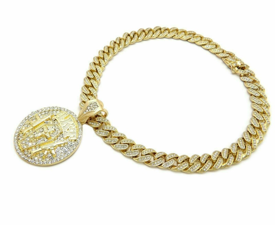 NBA YOUNGBOY 4KT Charm & 12mm 16" 18" 20" 24" Iced Cuban Box Lock Chain ...