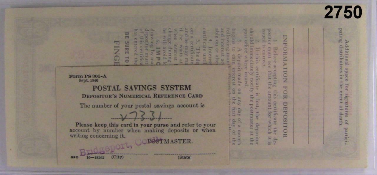 1939 POSTAL SAVINGS SYSTEM OF UNITED STATES OF AMERICA $5.00 BRIDGEPORT ...