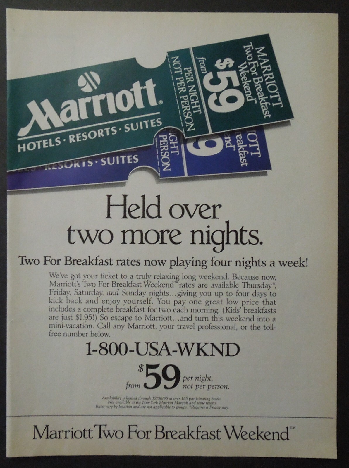 1990 MARRIOTT Hotels Resorts Suites "Two For Breakfast Weekend ...