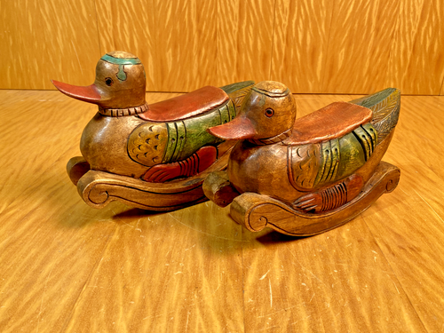 2 Vintage Hand Painted & Carved Wooden Folk Art Rocking Duck 11" x 7 ...
