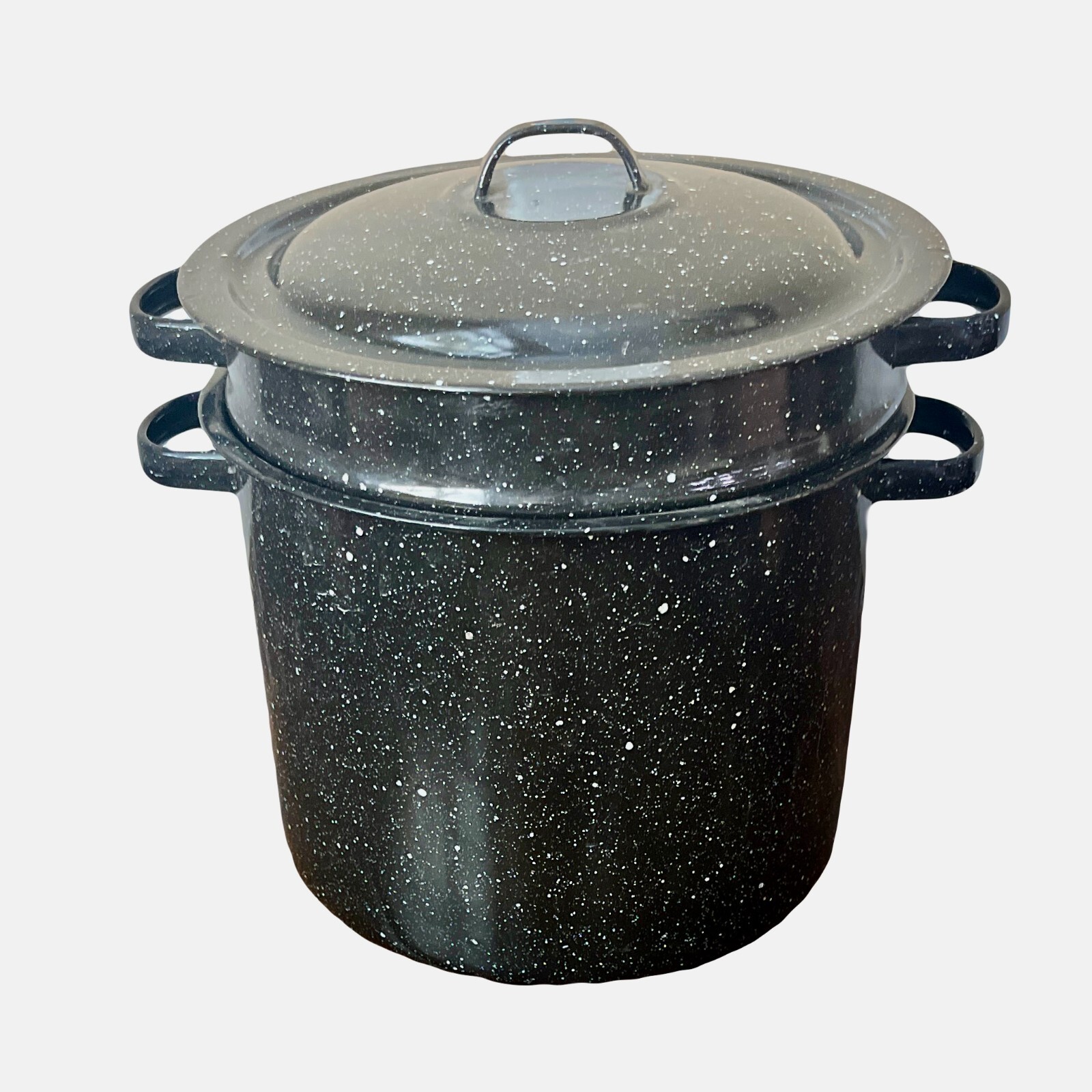 Vintage Black Speckled Enamelware 4 Handled Stock Pot with Handled Lid ...